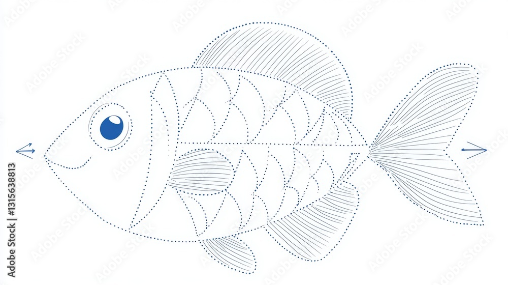 Educational dotted line art forming simple fish shape, smooth curved ...