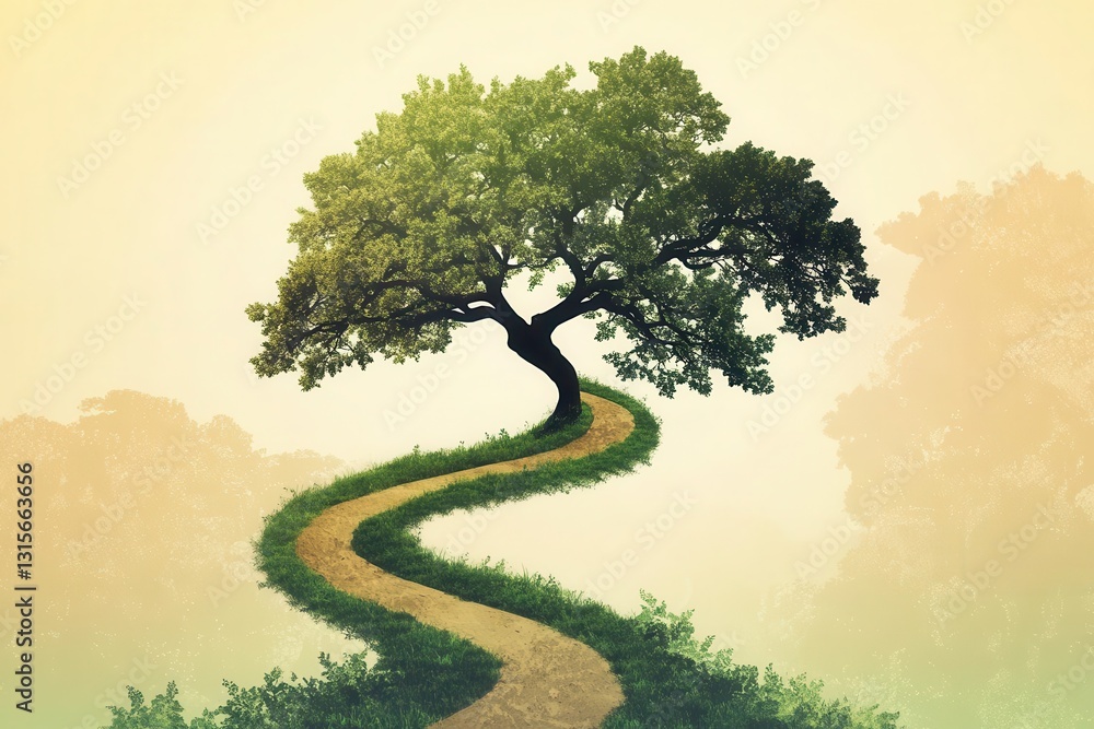 winding path transforming from seedling to sapling to mature oak tree ...