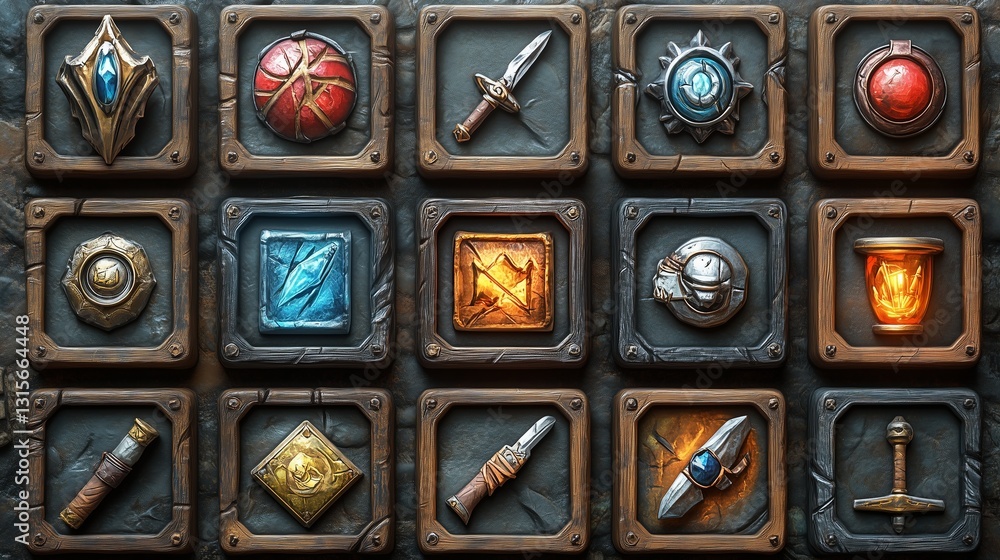 Game inventory icons weapons armor potions. Detailed RPG assets in ...