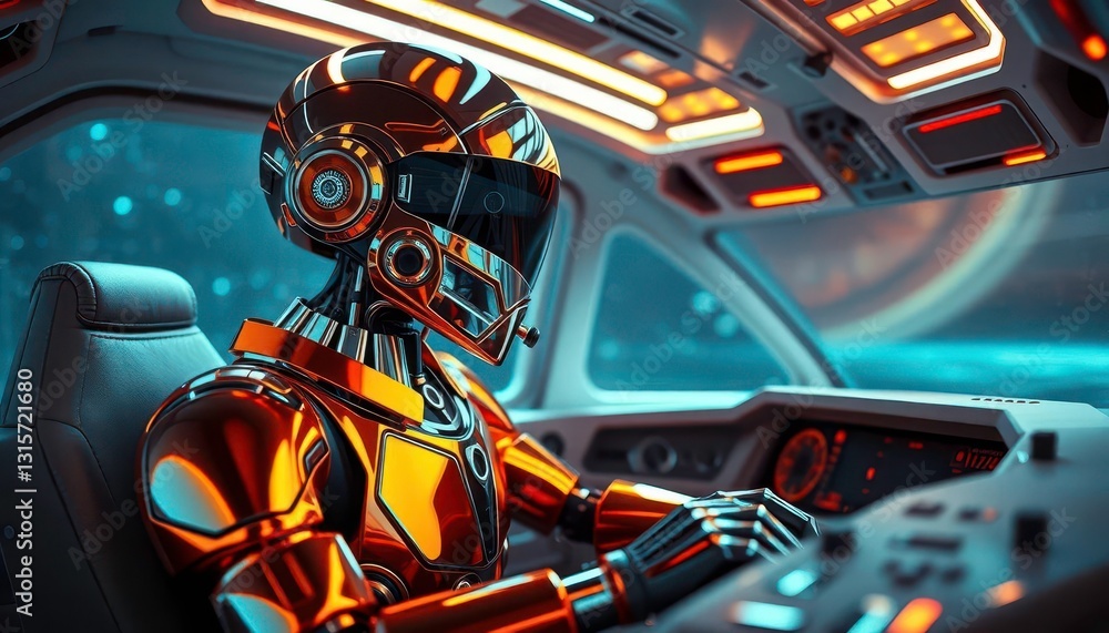 Chrome robot pilot in futuristic spaceship cockpit, stars, universe ...