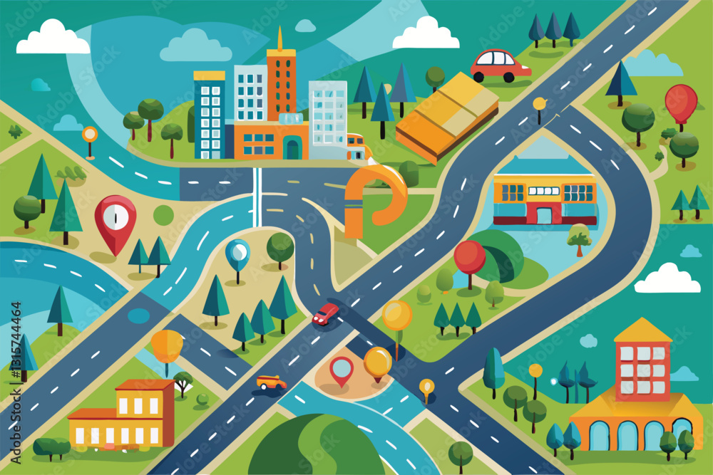 This colorful city road map outlines streets, parks, and key landmarks ...