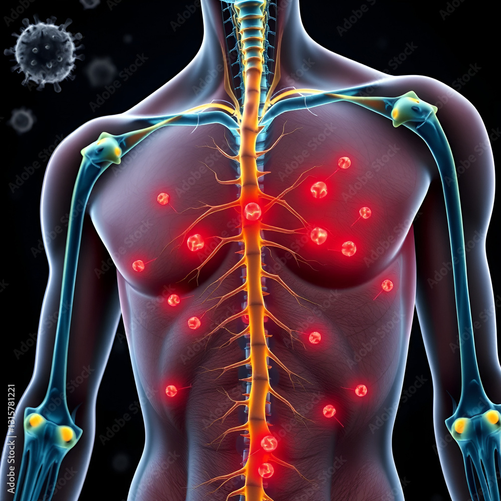 Nerve medical anatomy with Shingles Herpes Zoster virus on body and skin itching rash blister ...