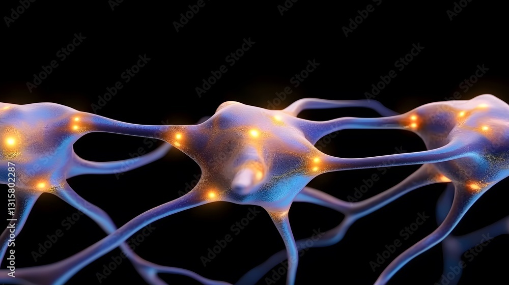 The image shows a detailed close-up rendering of interconnected neurons, with glowing nodes ...