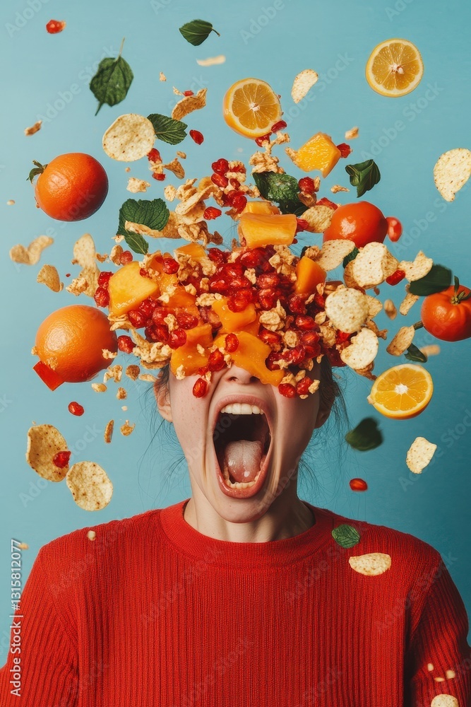 ภาพประกอบ Stock Emotions explode as fruits and snacks scatter around a ...