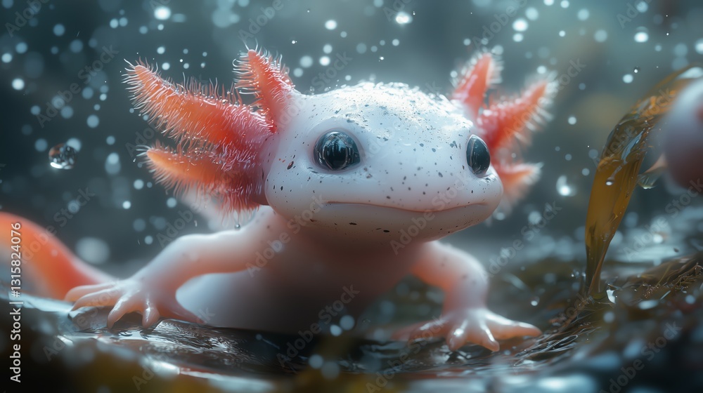 Bright axolotl exploring underwater habitat with bubbles and aquatic ...