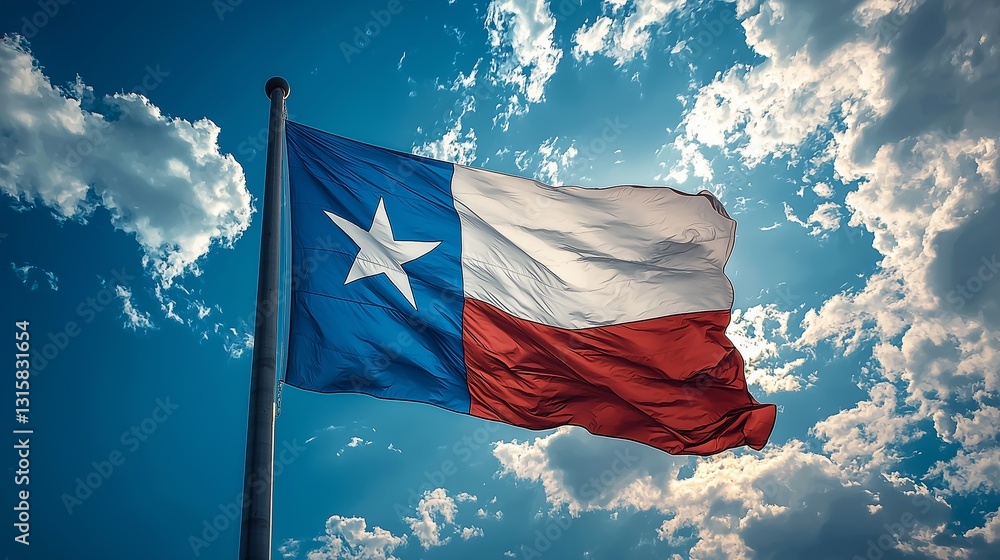 Texas Flag Waving Proudly Under a Bright Sunny Sky with Fluffy White ...