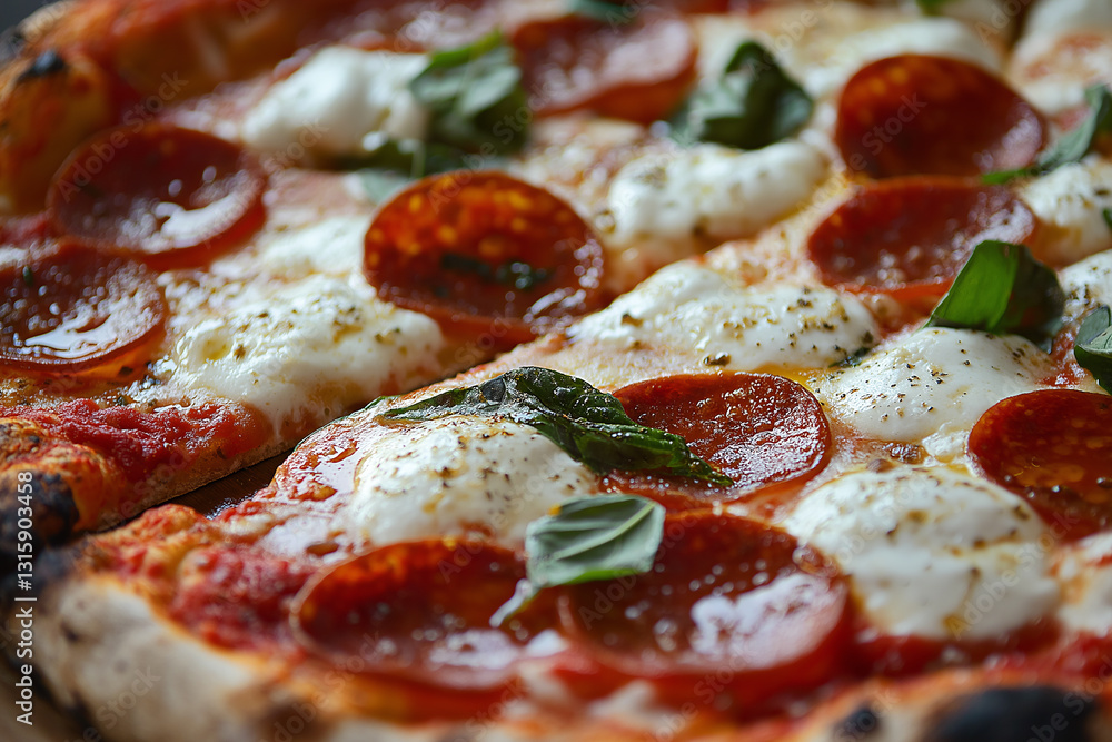 Neapolitan pizza with charred crust, pepperoni, mozzarella, and burrata ...