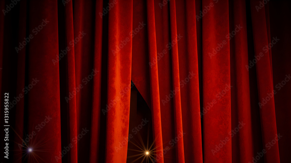 Elegant Red Velvet Stage Curtain Slightly Parted with Dramatic Golden ...