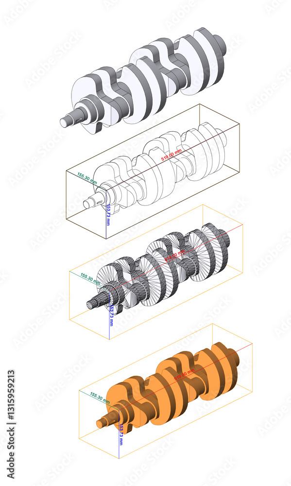crankshaft, CAD technical drawing, and 3D illustration, structural and ...