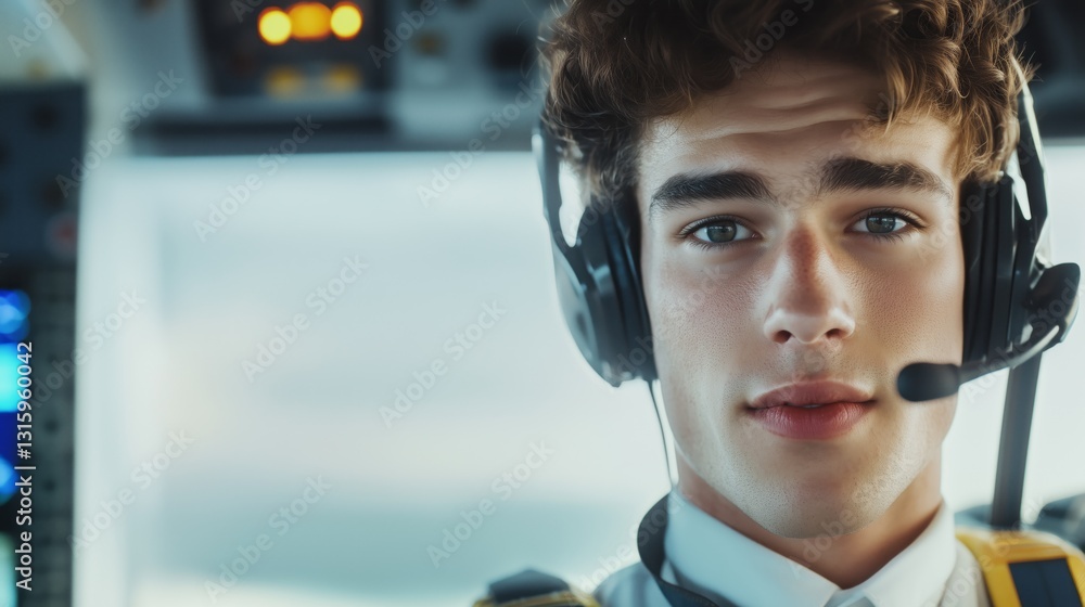 Young pilot in cockpit during flight airplane portrait aviation close ...