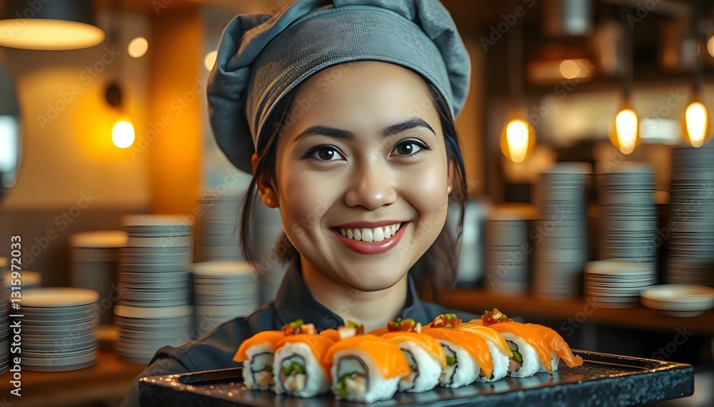 Joyful Service: Female Restaurant Worker Creating and Serving Fresh ...
