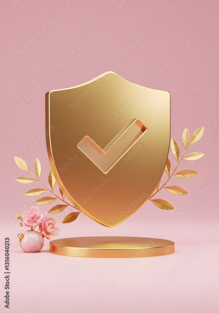 Ilustración de Stock certification, Golden shield with check mark and ...