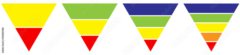 Funnel chart or inverted pyramid diagram divided into four colorful ...