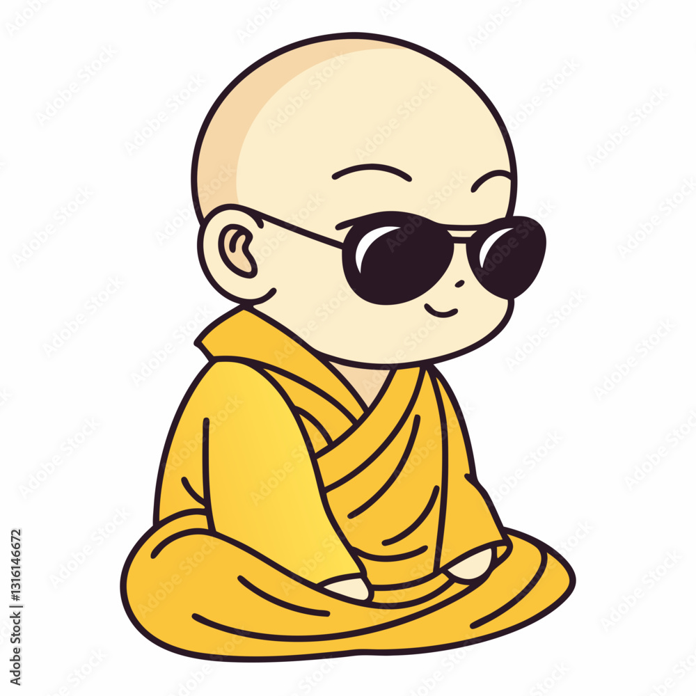 Cute Cartoon Monk Sitting Cross-Legged in Meditation, Wearing ...