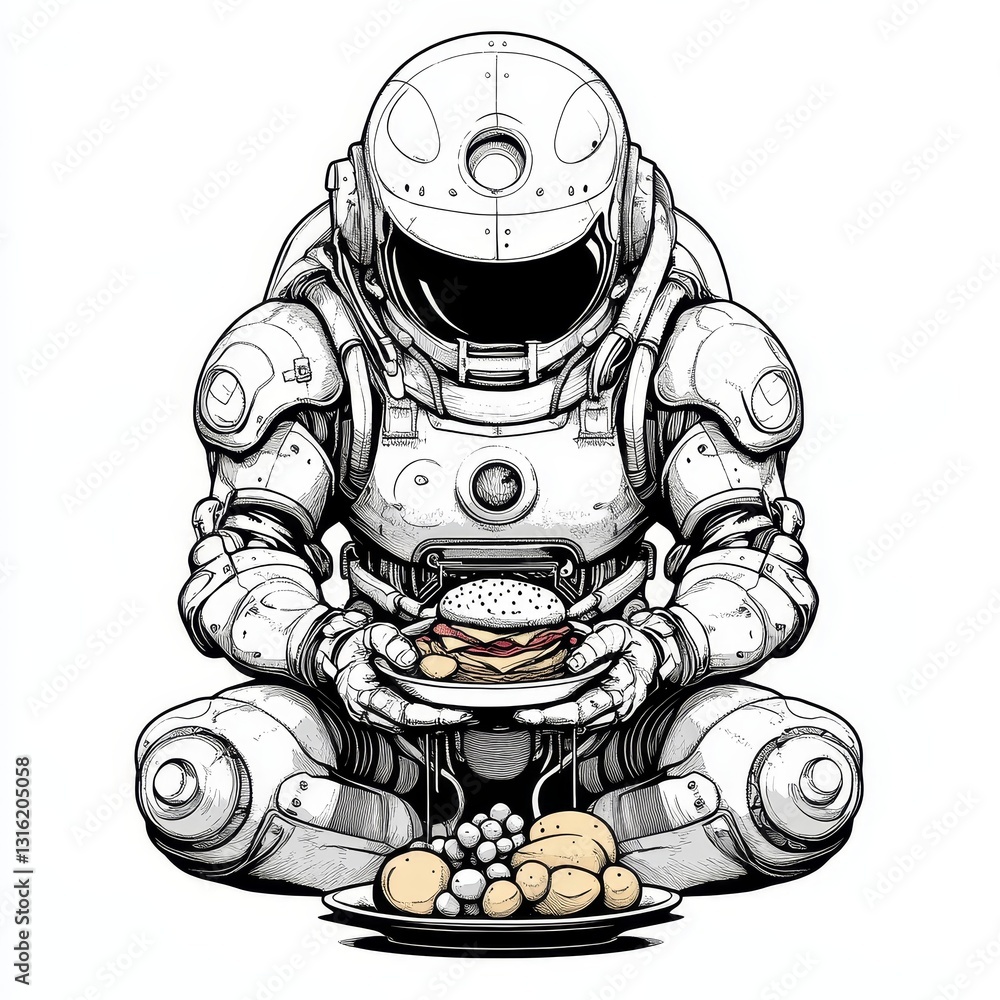 A medieval knight wearing full armor consumes a large burger, blending ...