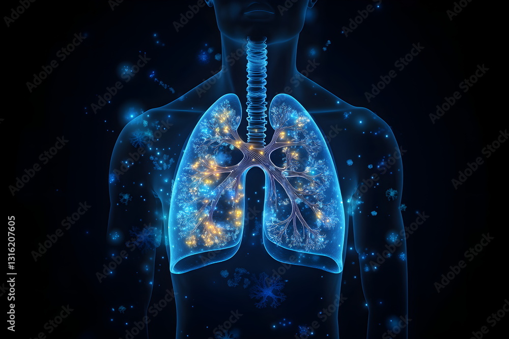 X-ray of human lungs. Holographic model of human lungs in blue neon ...