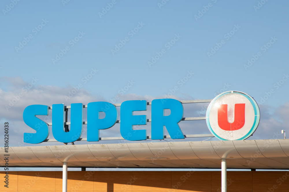 super u market shop facade supermarket sign brand store and round u ...