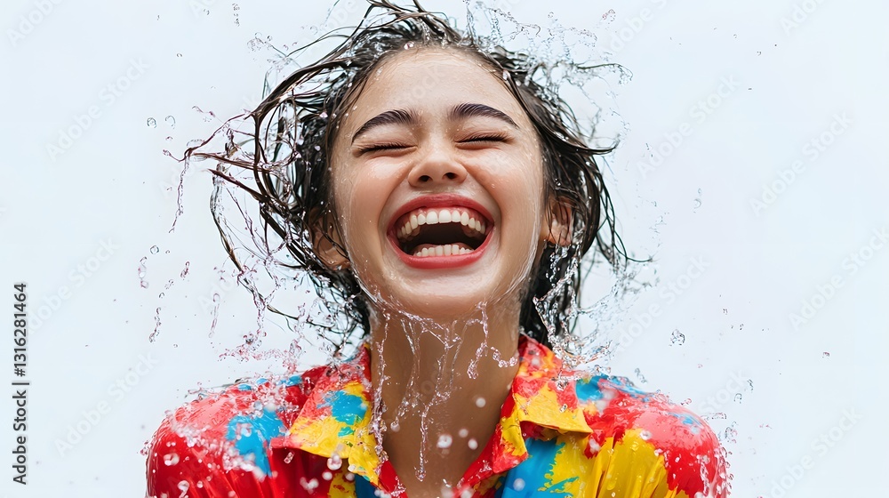 12. **A young woman with wet hair, laughing while shielding herself ...