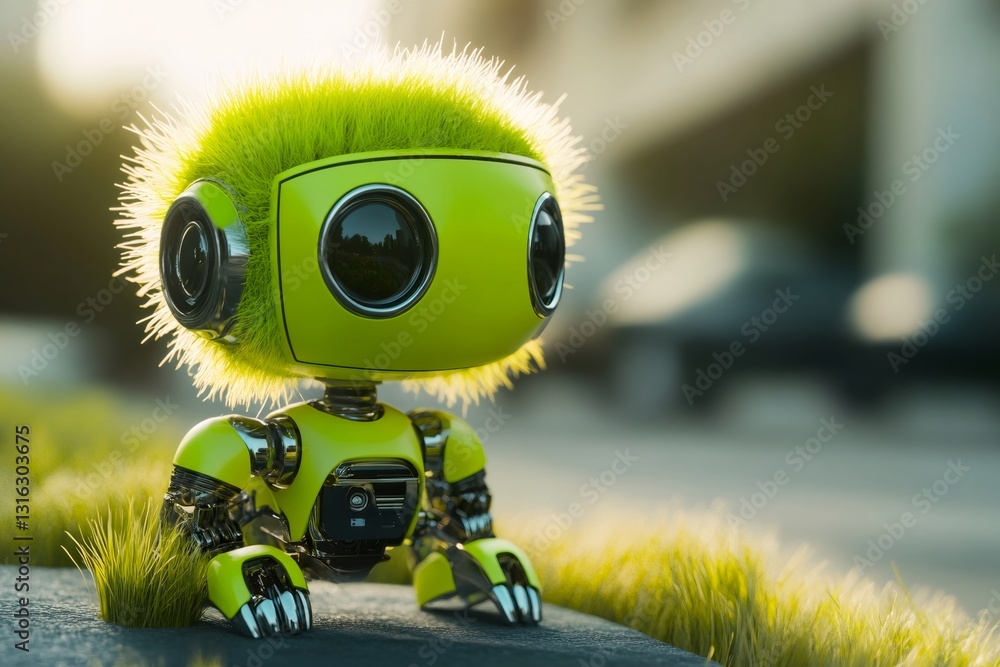 Small, furry, green robot relaxing outdoors, enjoying the sunset ...