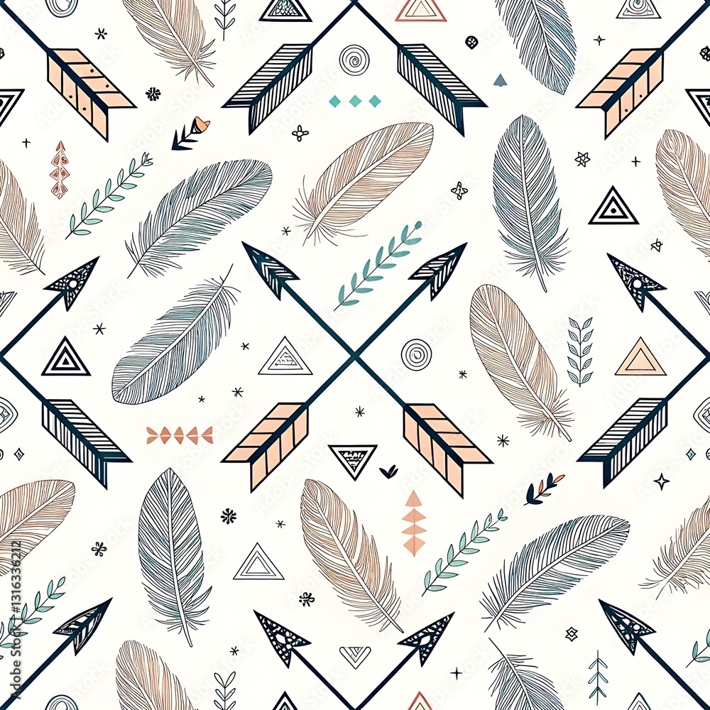 Seamless tribal pattern with arrows and feathers pastel colors native ...