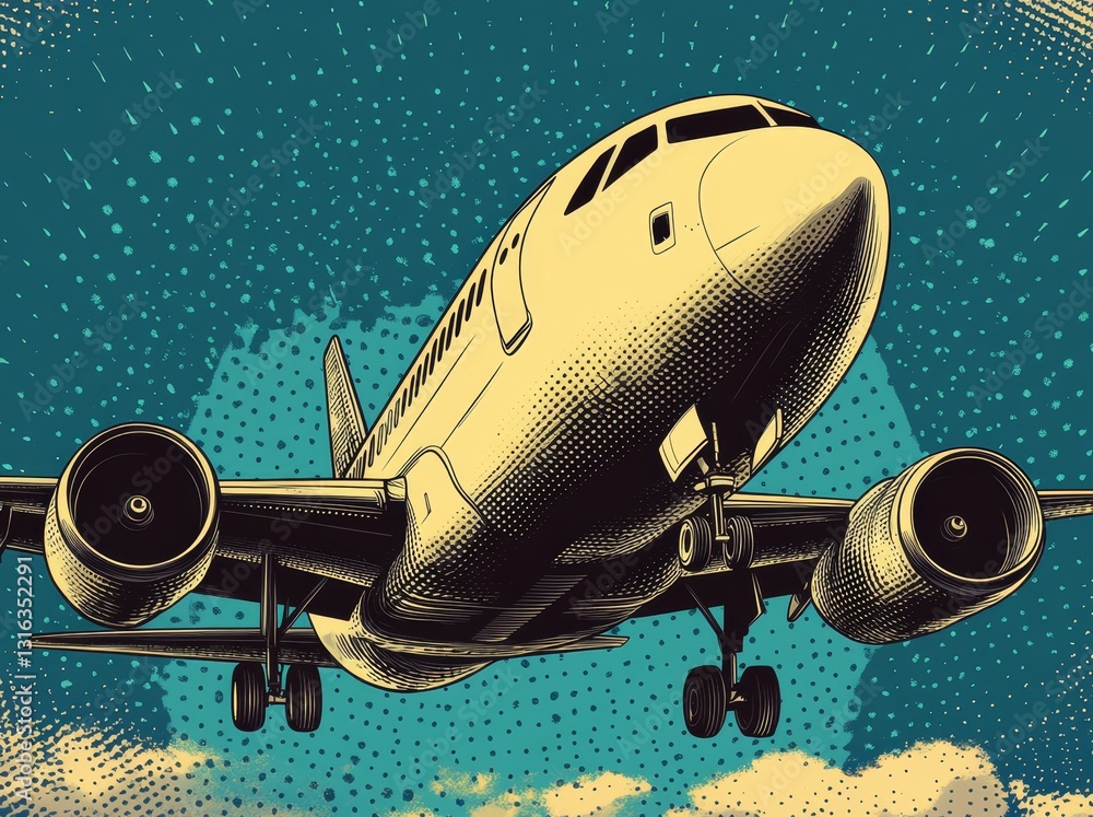 Passenger plane taking off depicted in a pop art retro modern ...