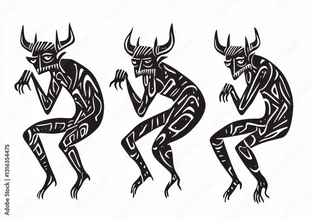 The character sketch of a dancing devil with horns and tail showcases a ...