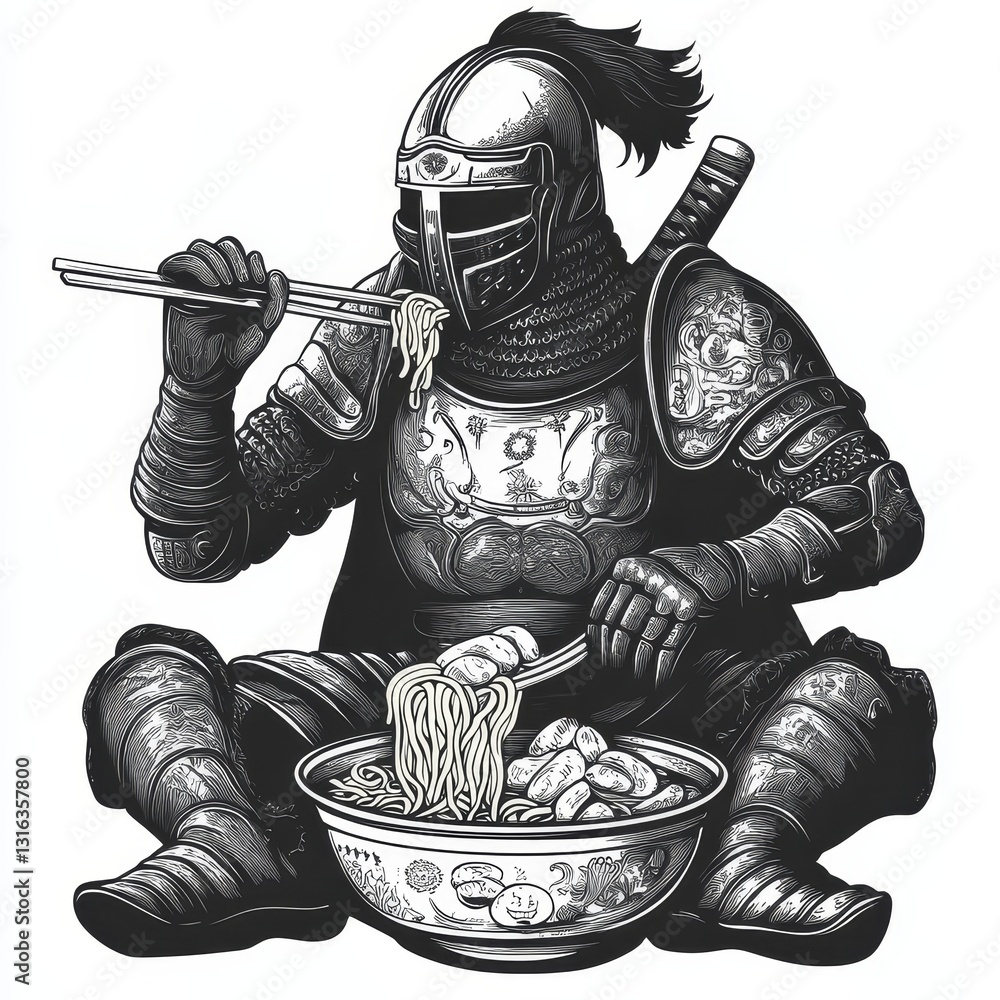 Image of a medieval knight in armor eating spaghetti, a comical take on ...