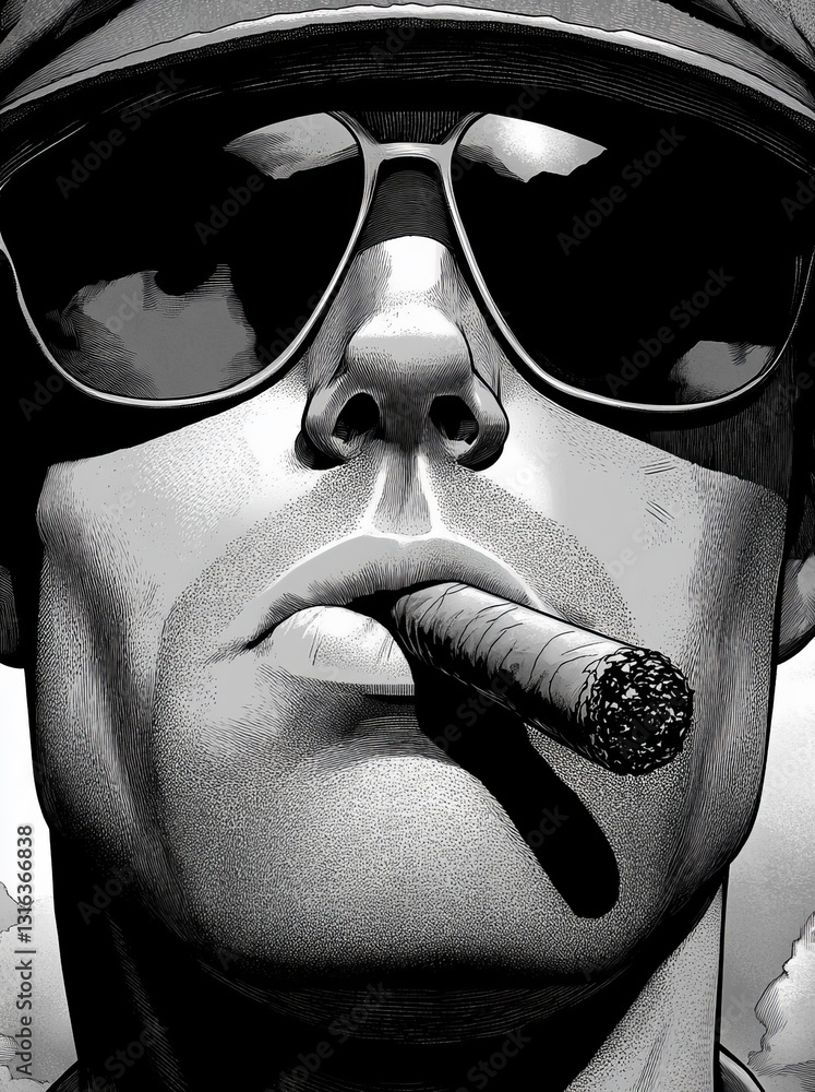 The image shows a severe military officer wearing an ornate uniform and ...