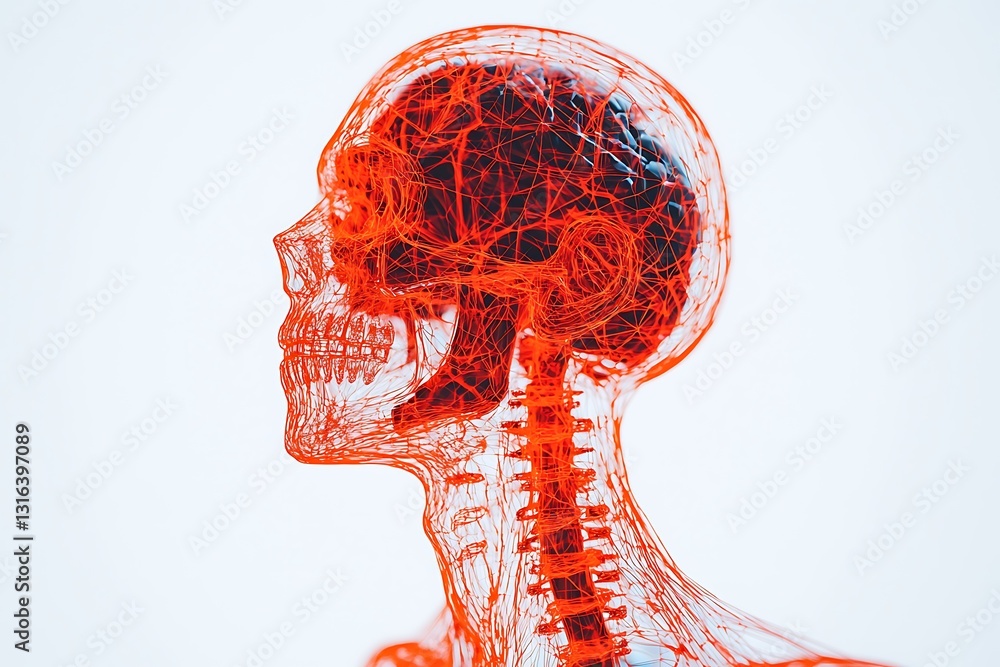 A translucent, red-skinned human skull and neck, showcasing an ...