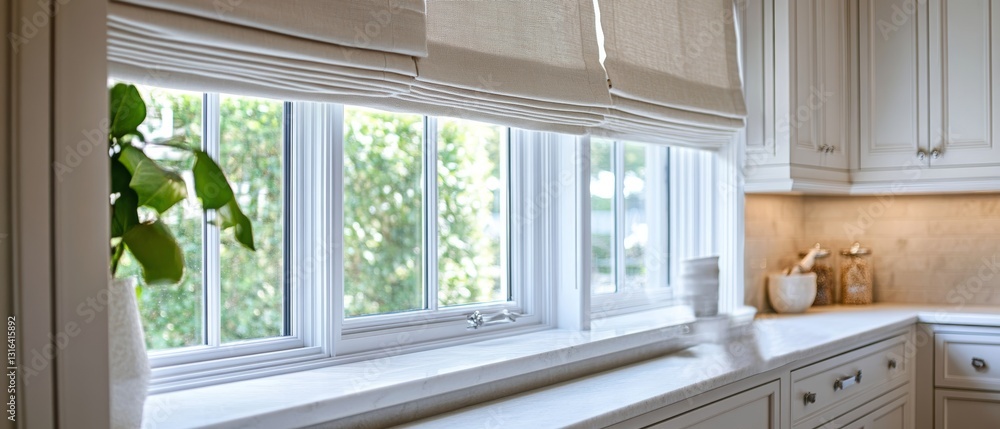 Kitchen window detail with roman shades and marble countertops Stock ...