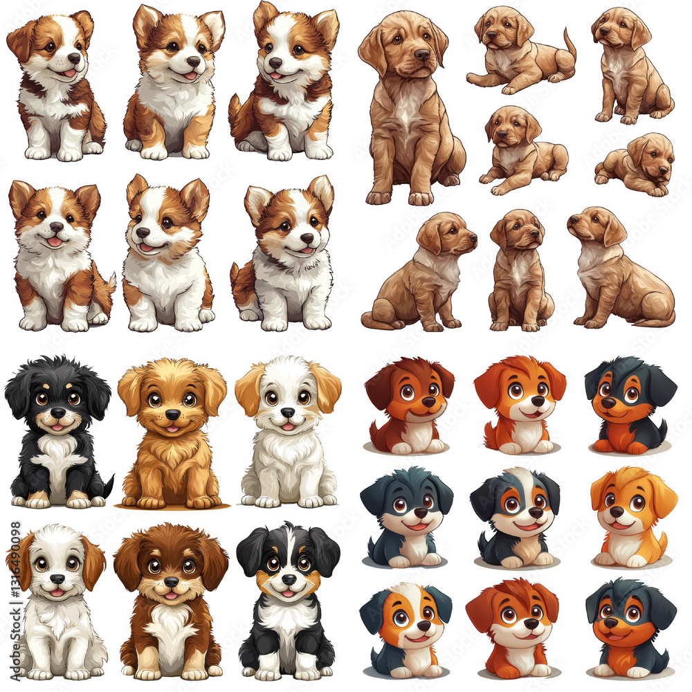 collection of adorable puppy illustrations featuring various breeds ...