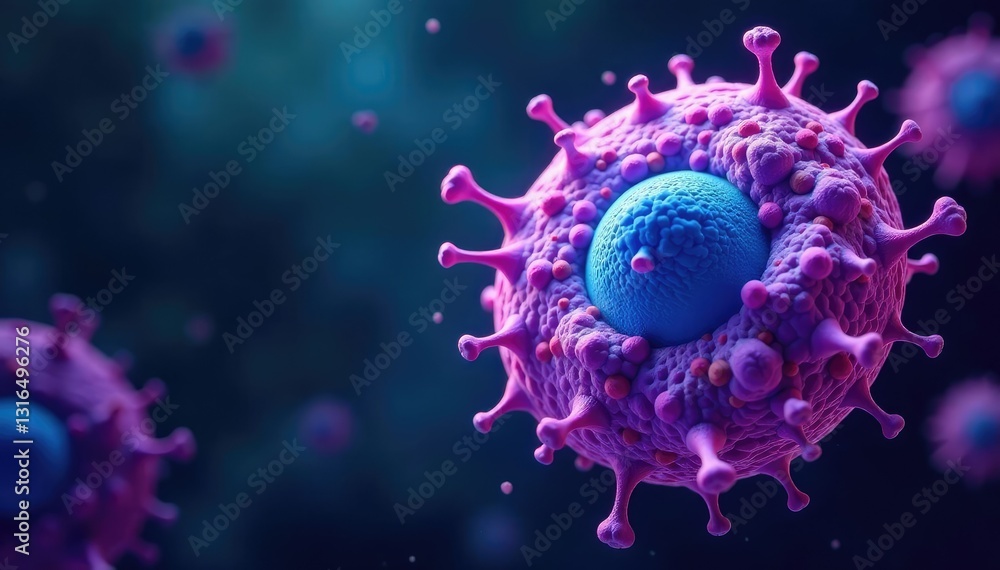 Prostate cancer cell with cyan-stained nucleus and violet cytoskeleton ...