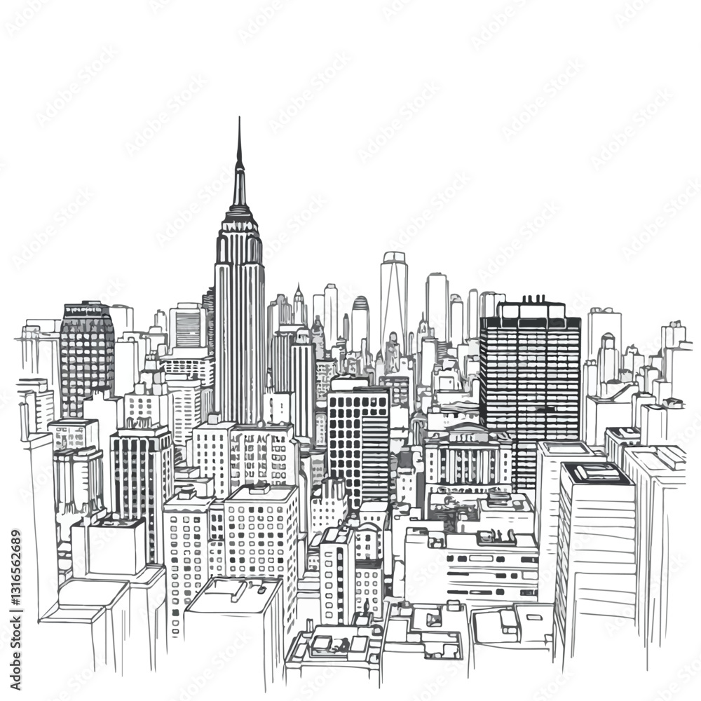 A minimalist New York City metropolis drawing, executed as a sketch ...