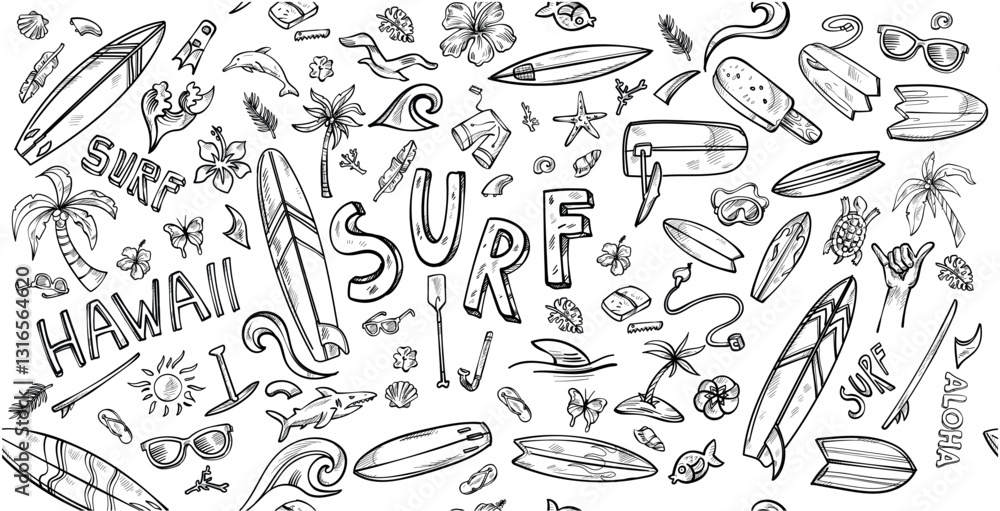 Horizontal background surf Hand drawn doodles elements. clip art vector ...