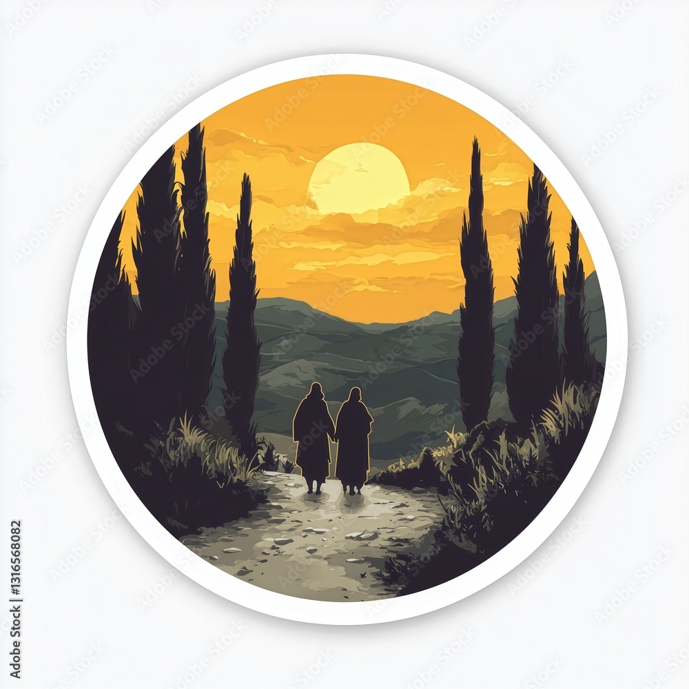 Vector Art Illustration: The Road to Emmaus Sticker Logo on Clean White ...