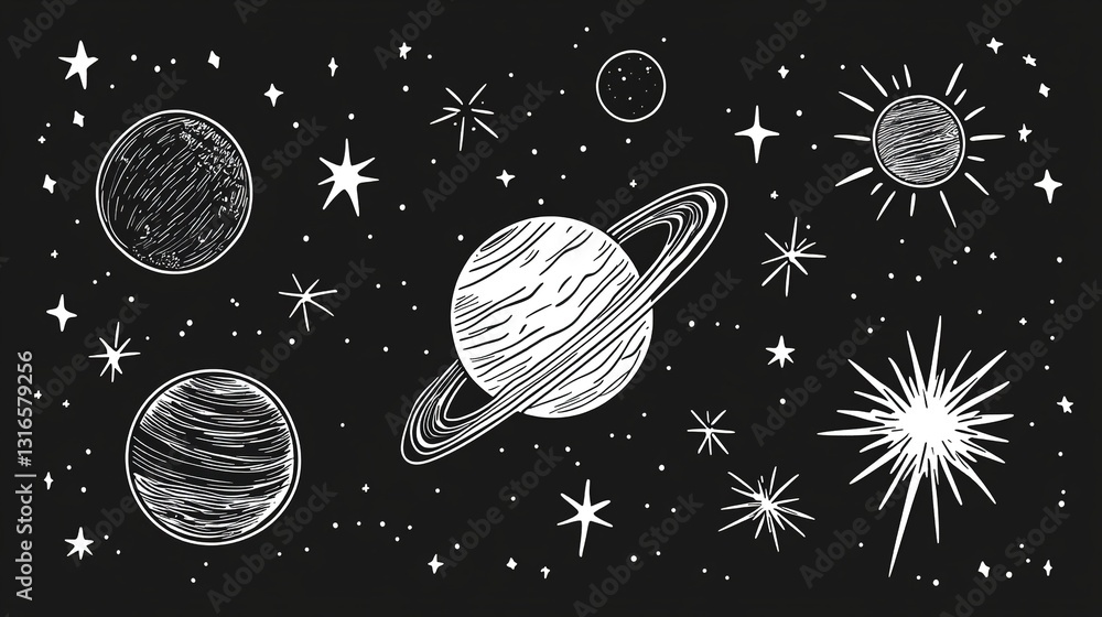 Black and white vector line art depicting space with stars, planets ...