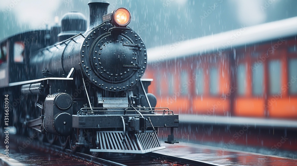 Vintage Steam Locomotive in Rainy Environment with Vibrant Train Car ...