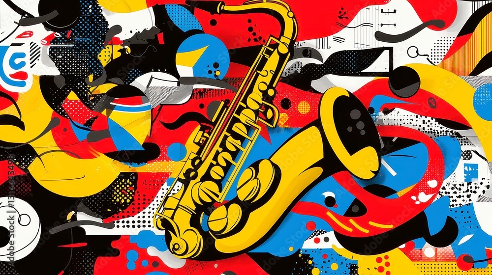 Jazz Melody in Motion, vibrant musical notes intertwining, fluid shapes ...