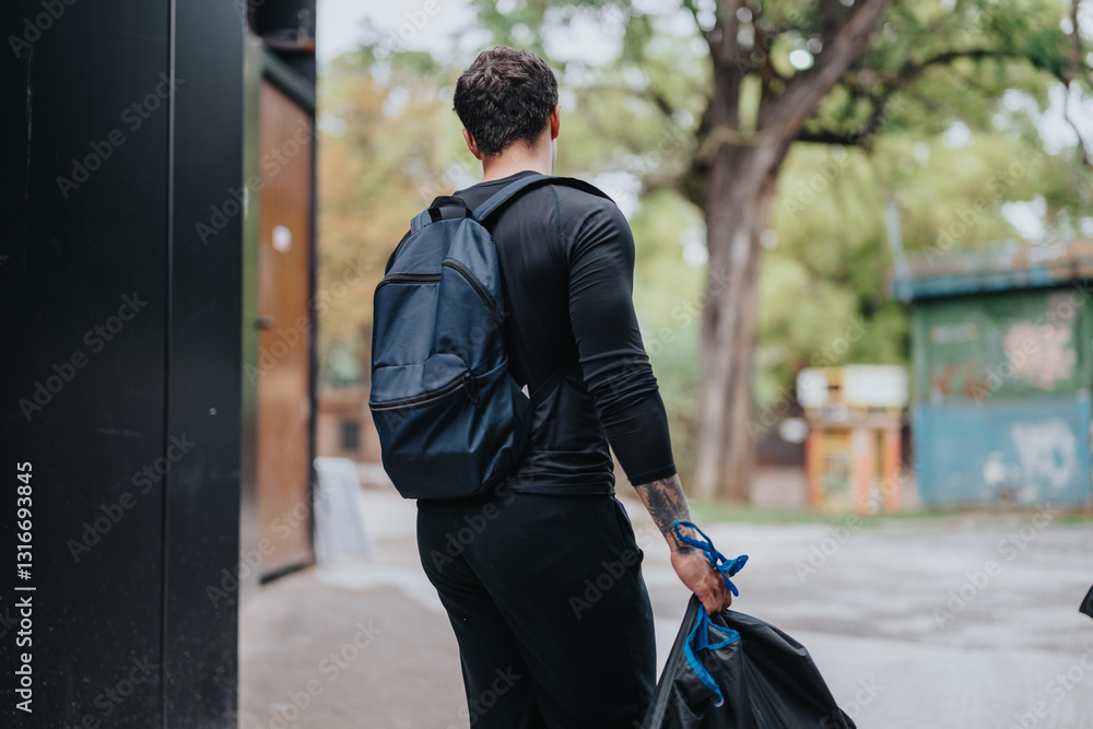 Active individual wearing sports attire and a backpack, holding garbage ...