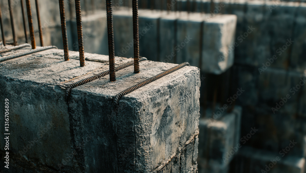 Rebar is set into concrete blocks in a corner of a construction site ...