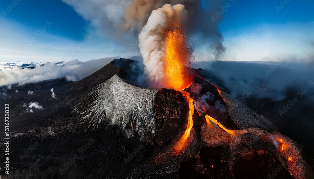 Fotografía profesional, Volcan en erupcion vista aerea desde dron ...