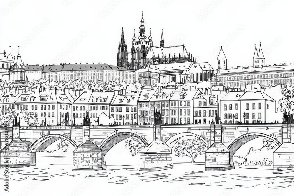Prague Bridge and Castle Line Art Coloring Page - Single line drawing ...