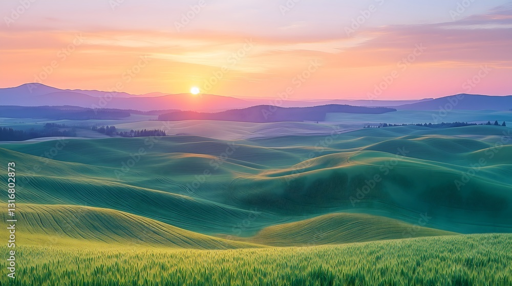 Sunset over the rolling hills of Palouse Washington showcasing vibrant ...