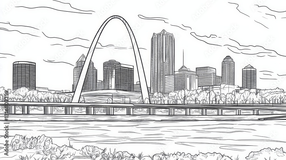 St Louis Gateway Arch Cityscape Line Art Coloring Page - Single line ...