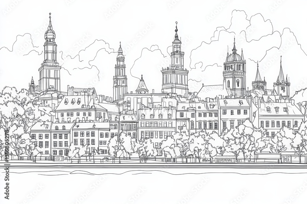 Warsaw Cityscape Line Art Coloring Page - Single line drawing, coloring ...