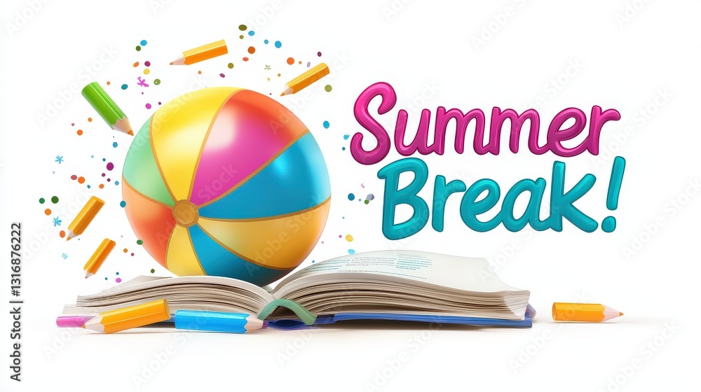 Goofy beach ball rolling away from school books with "Summer Break!" in ...