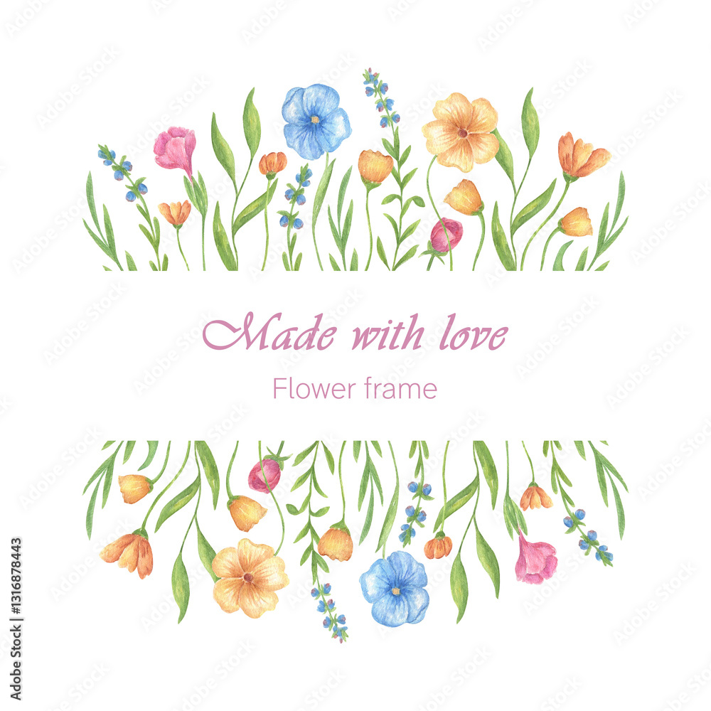 Watercolor frame made of wildflowers. Elements of floral design Yellow ...