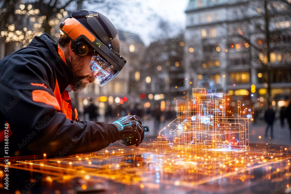 Construction worker using AR glasses to view digital blueprints and ...