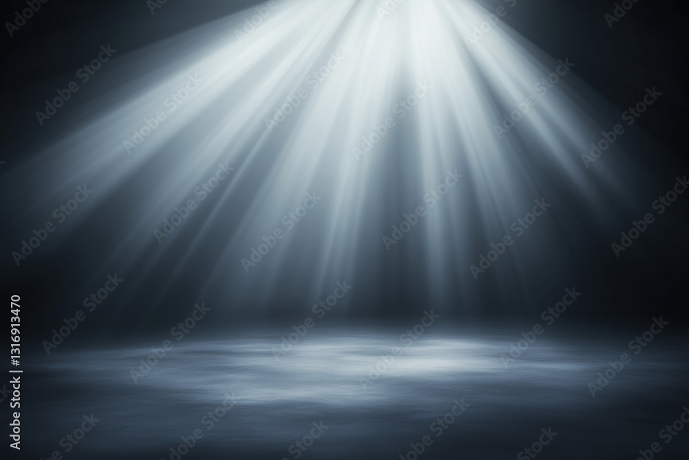 Dramatic spotlight rays shining on dark stage background with misty ...