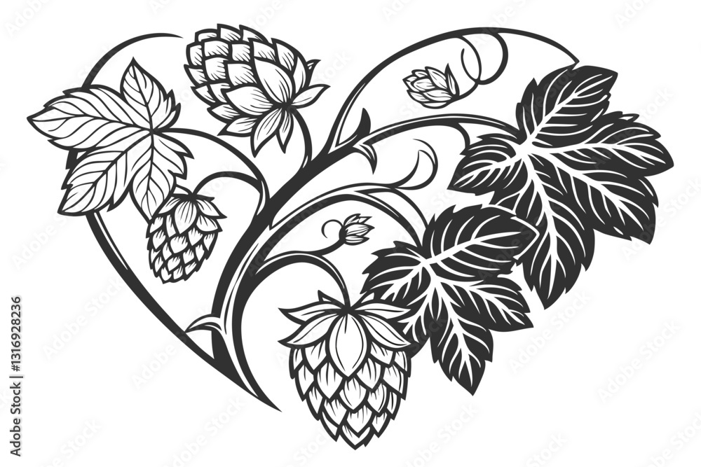 18 Black and white illustration, heart-shaped composition, detailed hop ...